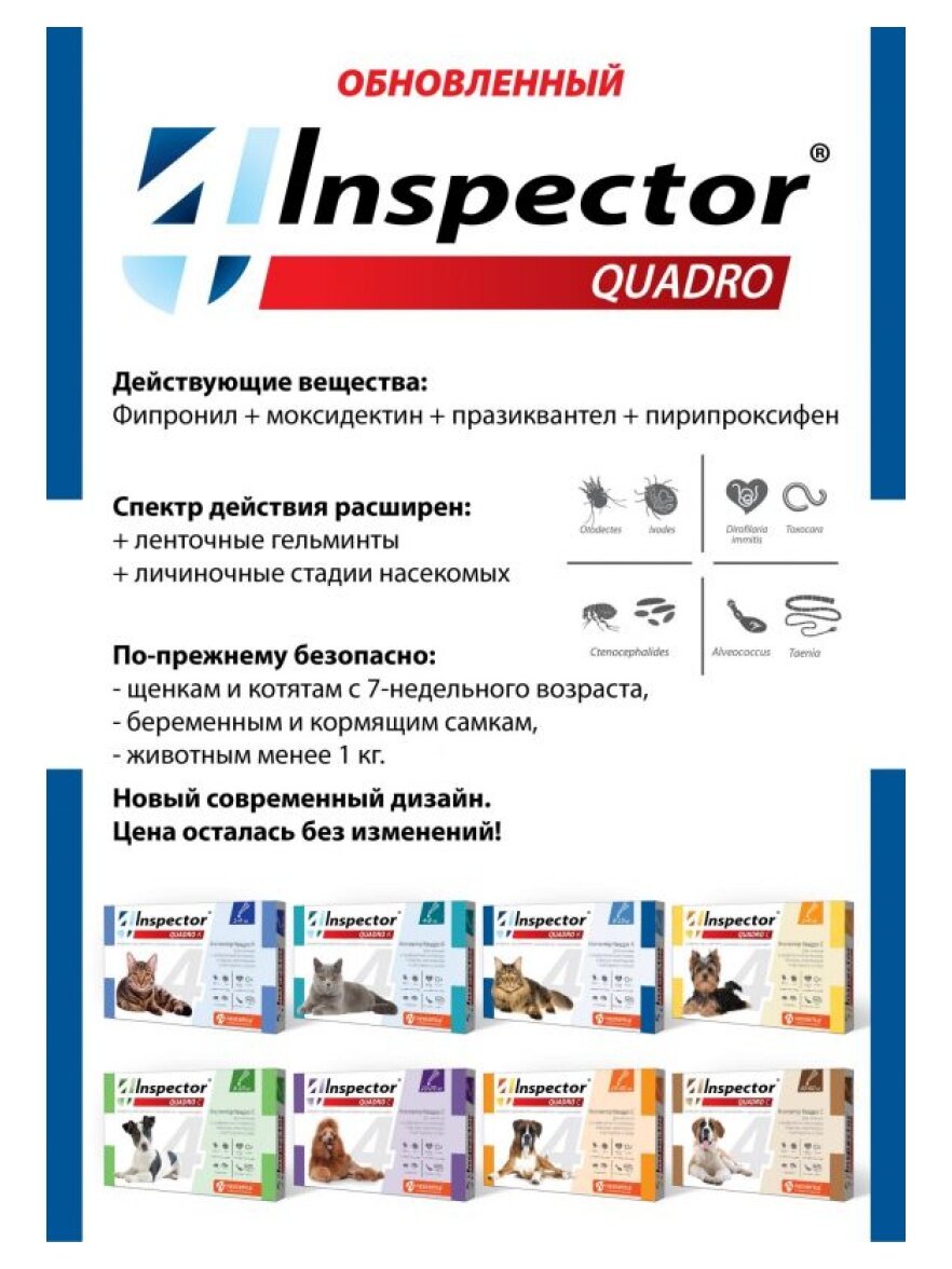 Капли Inspector Quadro от блох, клещей и гельминтов для собак от 40 до 60 кг — фото 1