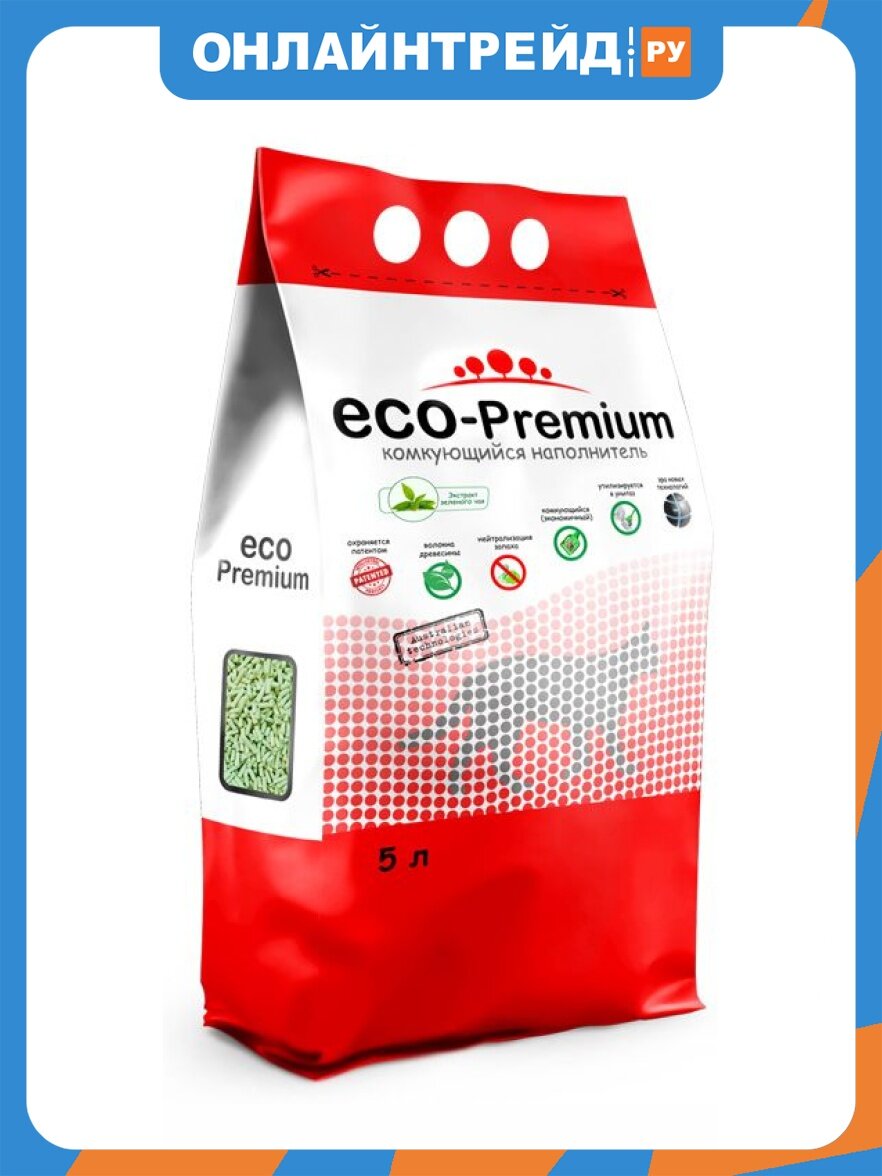 Наполнитель для кошачьих туалетов Eco Premium Зеленый чай древесный комкующийся с ароматом Зеленого чая 1,9 кг 5 л
