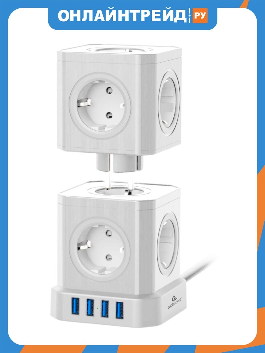 Сетевой фильтр Cablexpert Tower 9 розеток, 16А, 4хUSB, 3.1А, 2м, белый, коробка (TWR-9-U4-W-2)