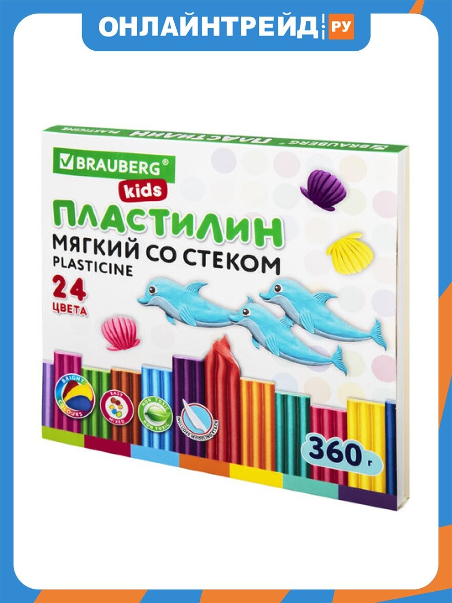 Пластилин Brauberg мягкий восковой KIDS, 24 цвета, 360 г, со стеком, 106498