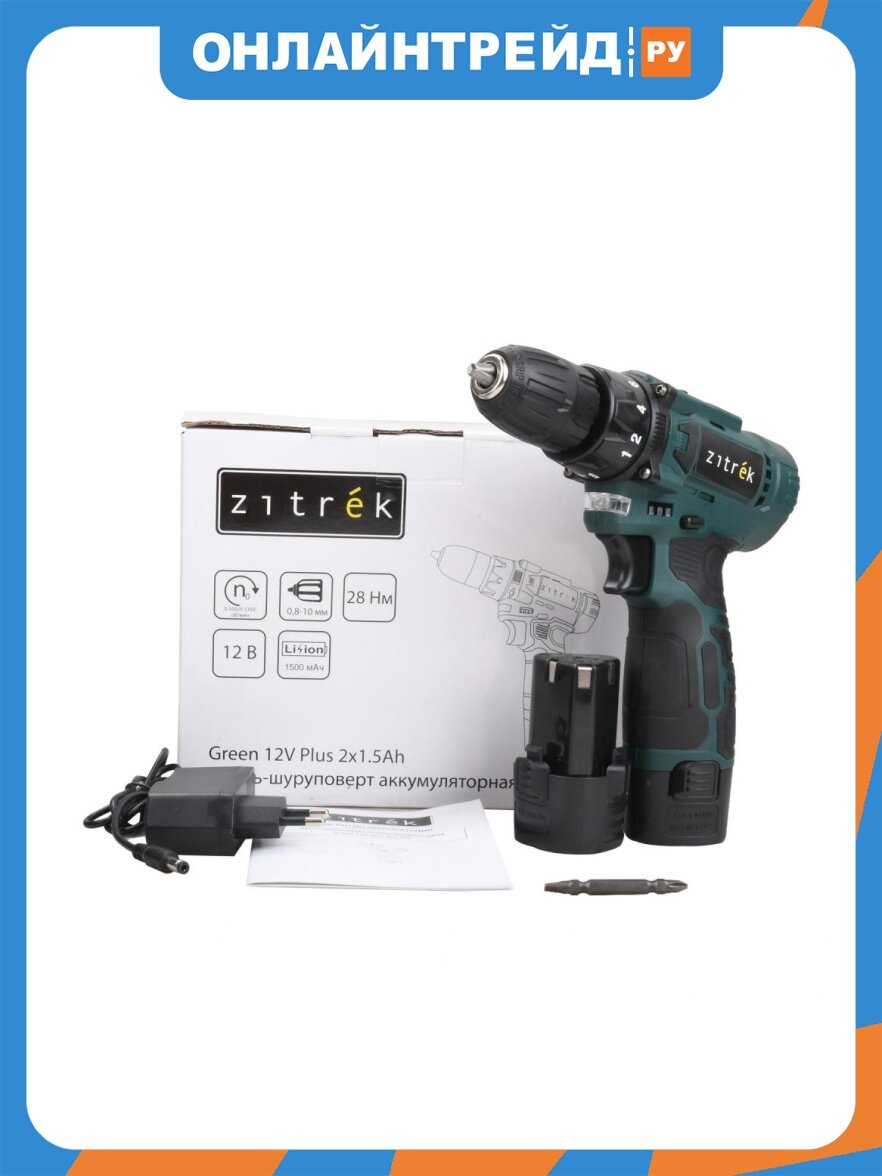 Дрель-шуруповерт аккумуляторная Zitrek Green 12V Plus, 12В, 2х1.5Ач (085-1014)