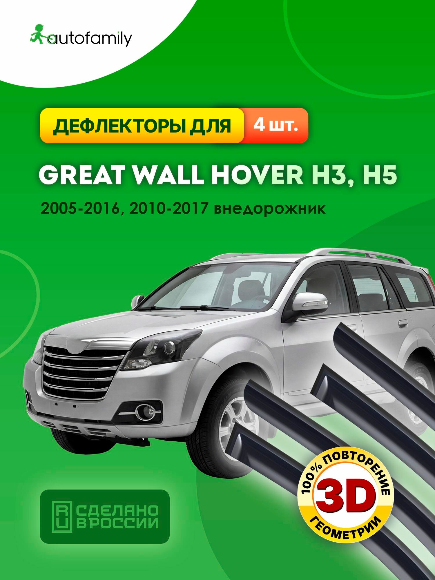 Дефлекторы окон для GREAT WALL HOVER H3, H5 2005-2016, 2010-2017 внедорожник 5 дв. REIN 4 шт. / Грейт Волл Ховер Н3