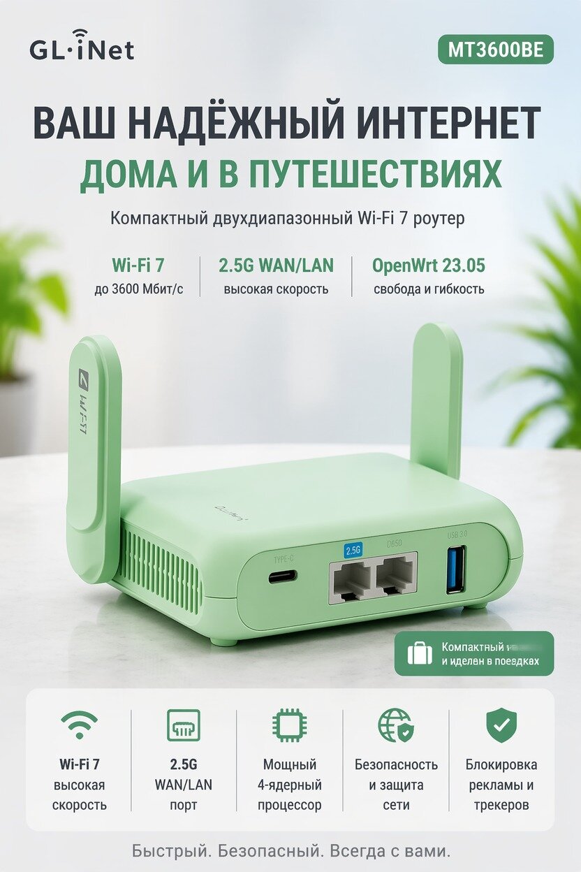 Портативный маршрутизатор GL.INET GL - MT3600BE Wi - fi7, порт 2.5G, оригинальный портативный маршрутизатор OpenWRT