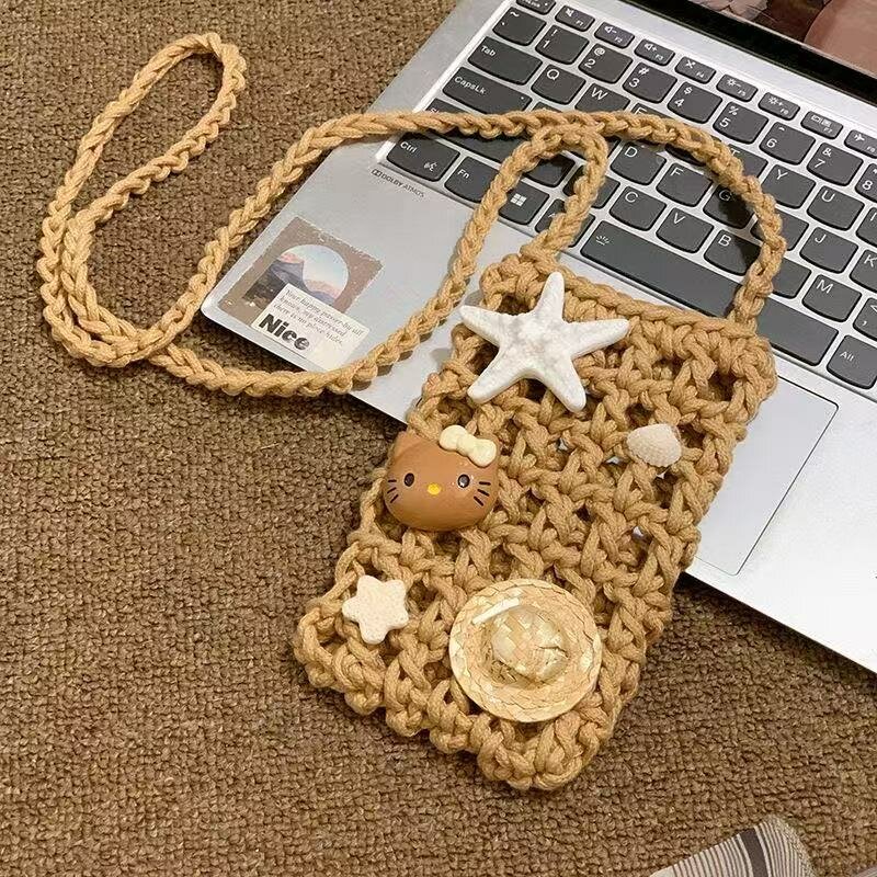 Мини-сумка для телефона Hello Kitty, вязаная ажурная кроссбоди для девушек, пляжная сумка со звездами и ракушками