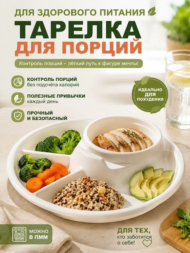 Тарелка секционная из пшеничной соломы менажница пластиковая детская для фитнеса и диеты 1 шт