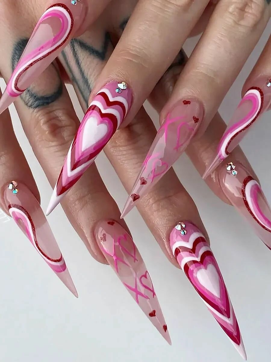 Накладные ногти с розовыми сердечками и стразами, стиле Stiletto, 24 шт стилетто набор розовые сердечки со стразами