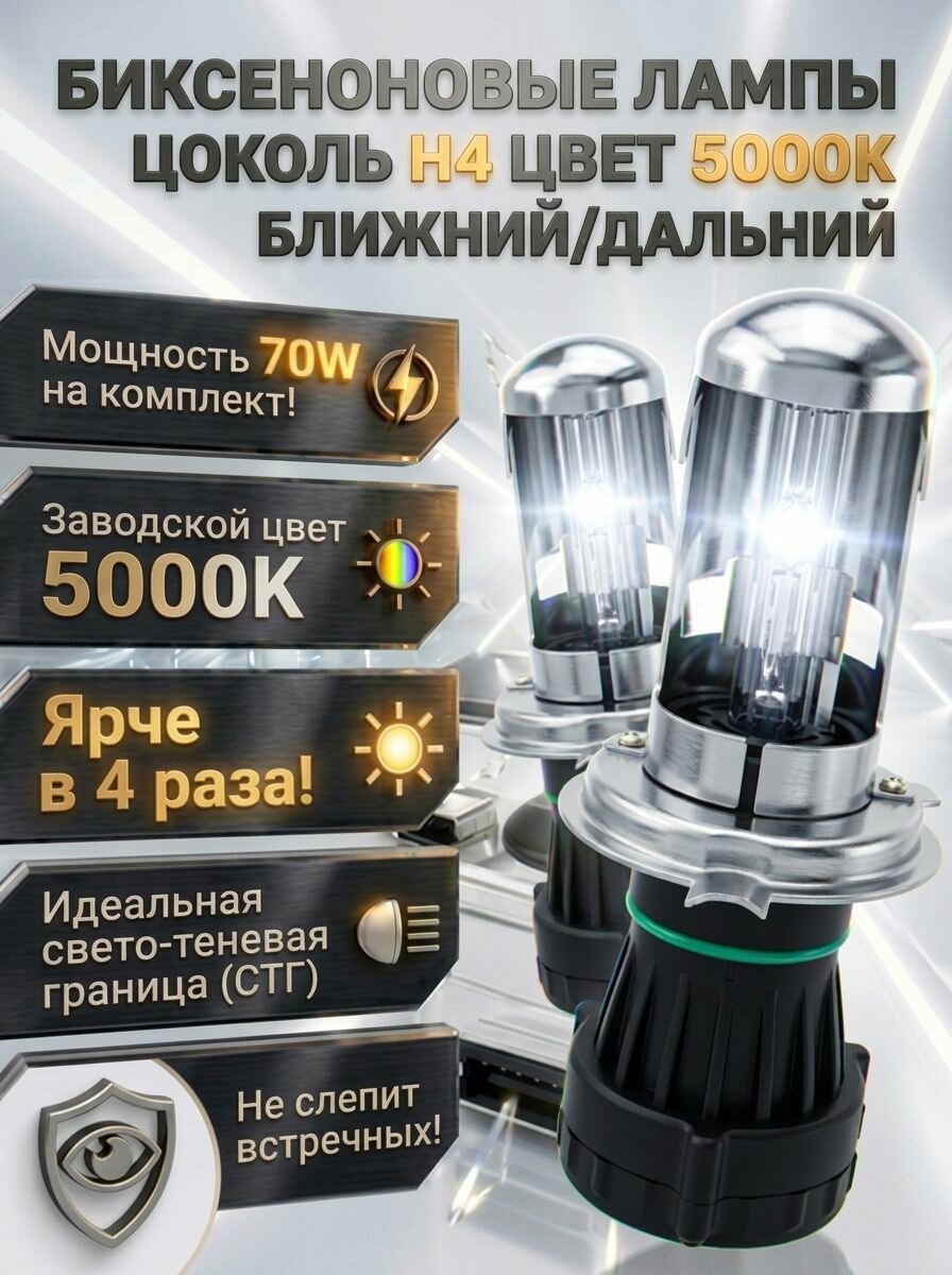 Биксеноновые лампы цоколь H4 цвет 5000K ближний/дальний (2 шт.)