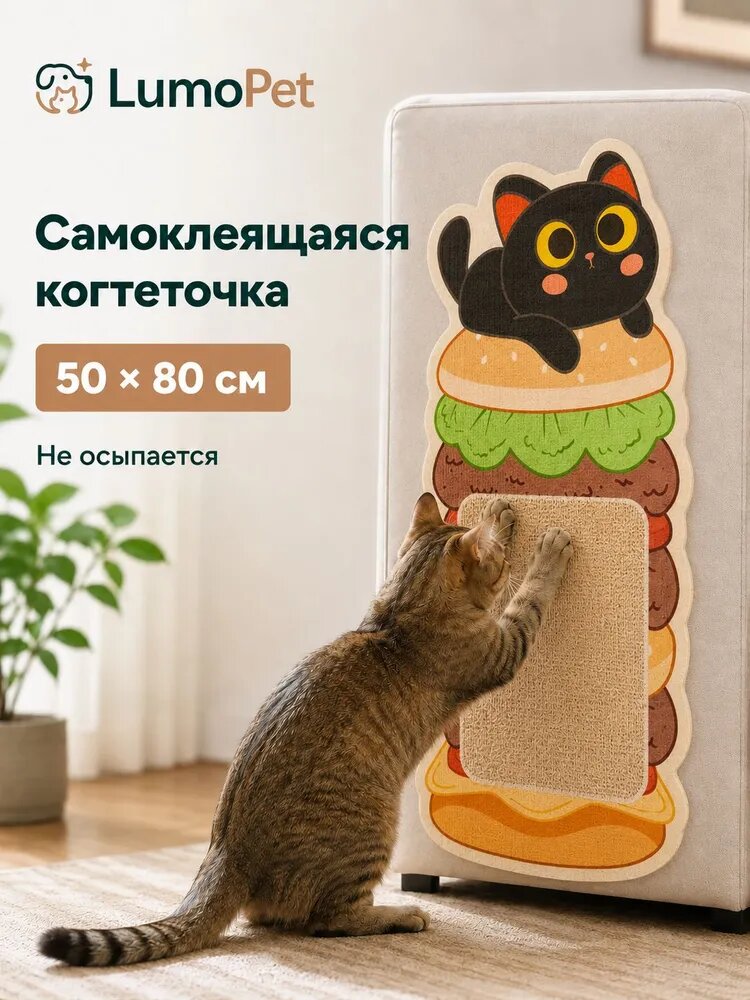 Самоклеящаяся когтеточка LumoPet для кошек, дизайн Чёрный кот и бургер, 50 80 см
