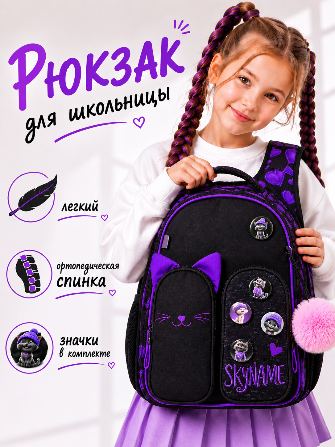 Рюкзак школьный для девочки для 1-4 класса + подарок SkyName (Скайнейм)
