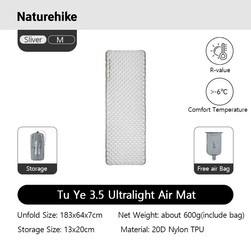 Надувной матрас Naturehike R3.2 R3.5 Белый, Square Silvery M