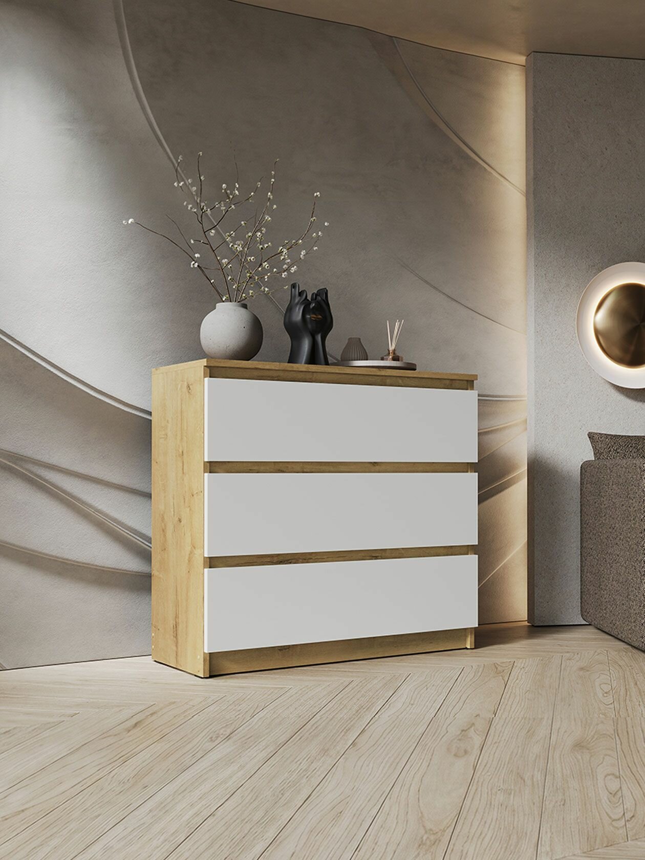 Комод для одежды и хранения вещей Вега с ящиками, 82.8x32.4x75.5 см, Дуб Вотан / Белый