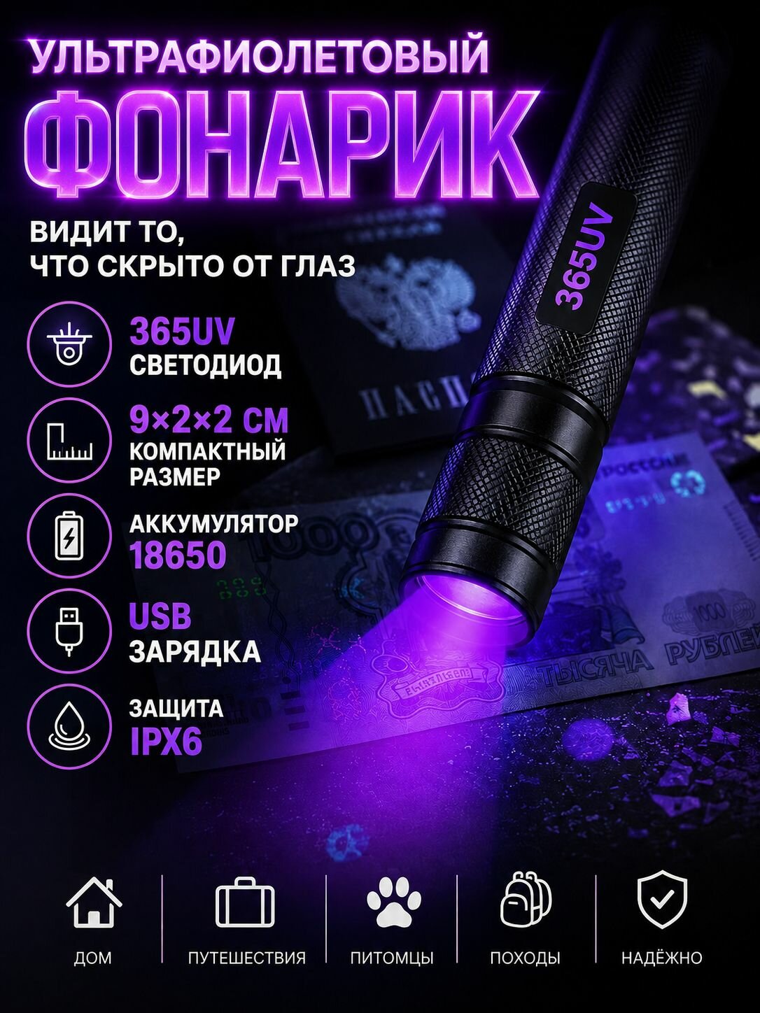 Ультрафиолетовый фонарик 365UV, 20Вт, УФ лампа Вуда, аккумуляторный, с ЗУ ультрафиолетовый фонарик лампа Вуда УФ фонарик аккумуляторный
