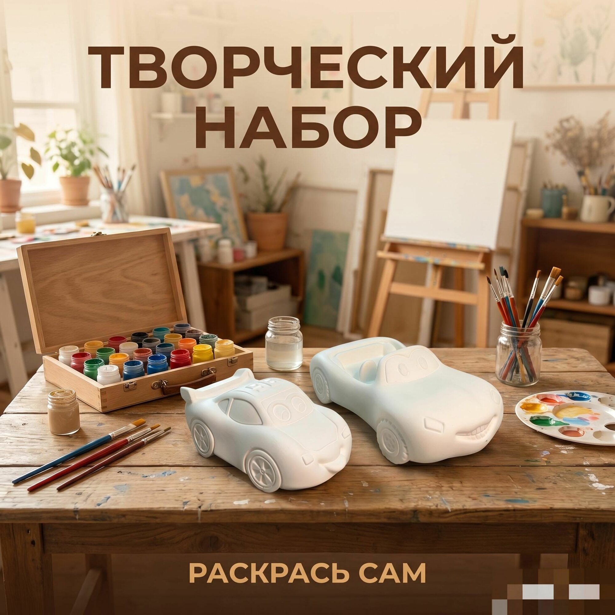 Набор для творчества: 2 белые автомобильные заготовки из гипса, 12 цветов краски и 2 кисти, DIY комплект для детского творчества