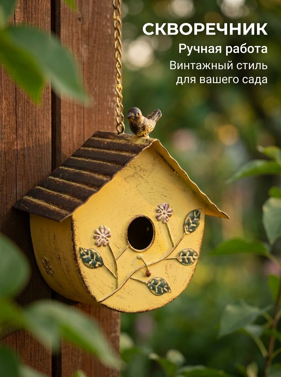 Жёлтый скворечник: уличная металлическая кормушка для птиц, ретро стиль, 2 в 1 — гнездо+кормушка, для сада и дачи