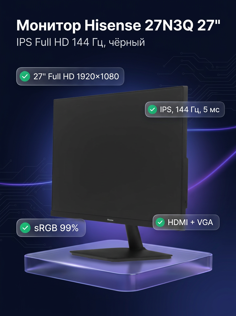 Монитор Hisense 27N3Q, 27 дюймов, IPS, 1920x1080, 144 Гц, HDMI, VGA, черный