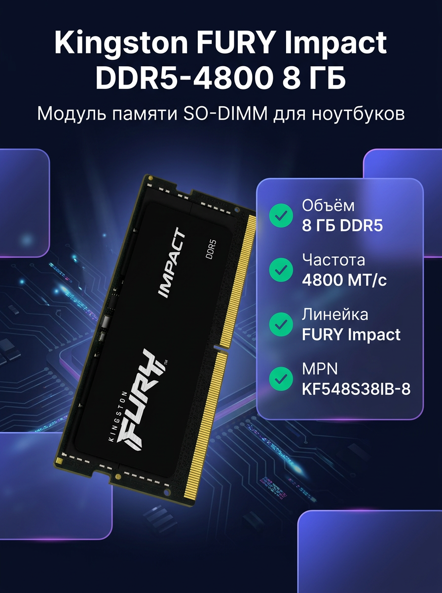 Оперативная память Kingston FURY Impact DDR5-4800, 8 ГБ, SO-DIMM, KF548S38IB-8