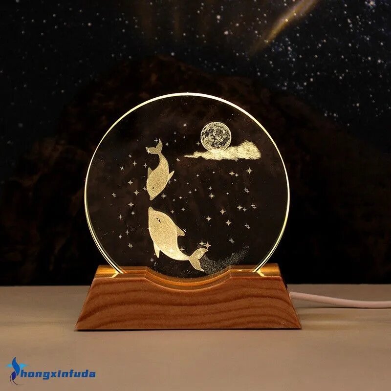 Ночник "Два кита" с теплым светом, 10см, настольная лампа из акрила и дерева
