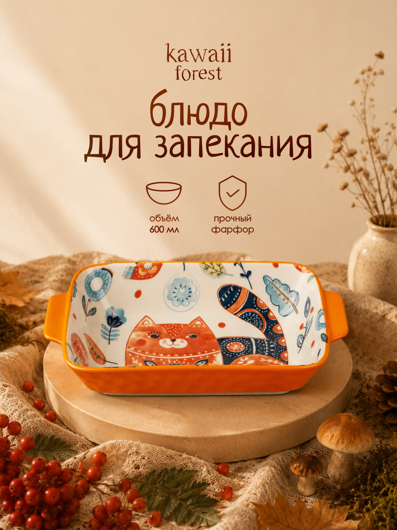 Блюдо для запекания фарфоровое Kawaii кот 600 мл, Nouvelle, прямоугольное с ручками