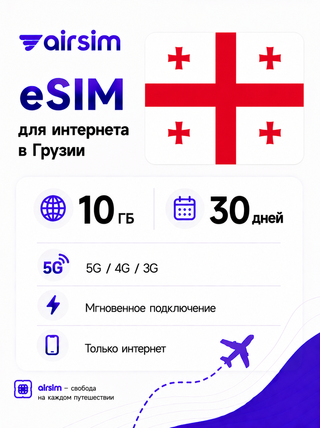 ESIM есим для интернета в Грузии: 10 ГБ на 30 дней | Мгновенная активация |