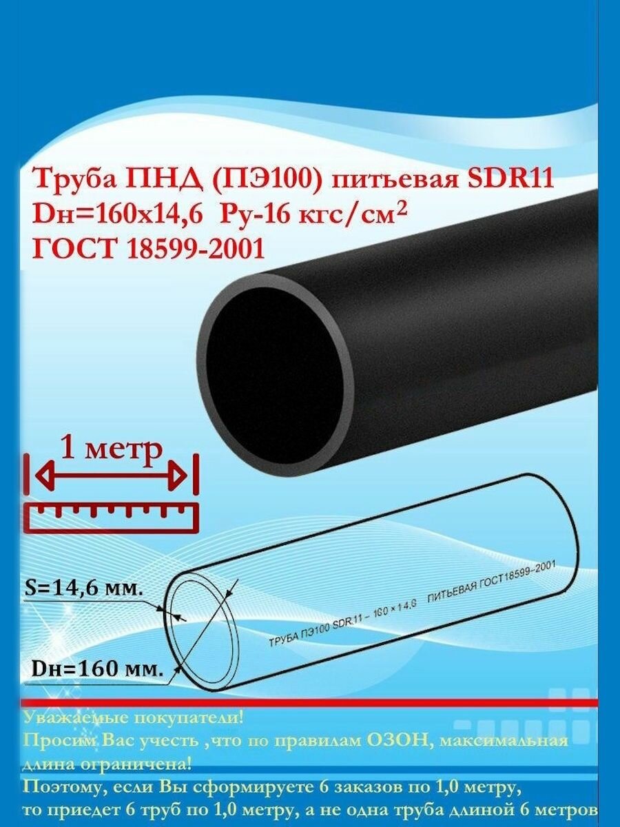 Труба ПНД (ПЭ100) питьевая SDR11 Dн160х14,6 Ру 16 кгс/см2 ГОСТ 18599-2001 1 метр