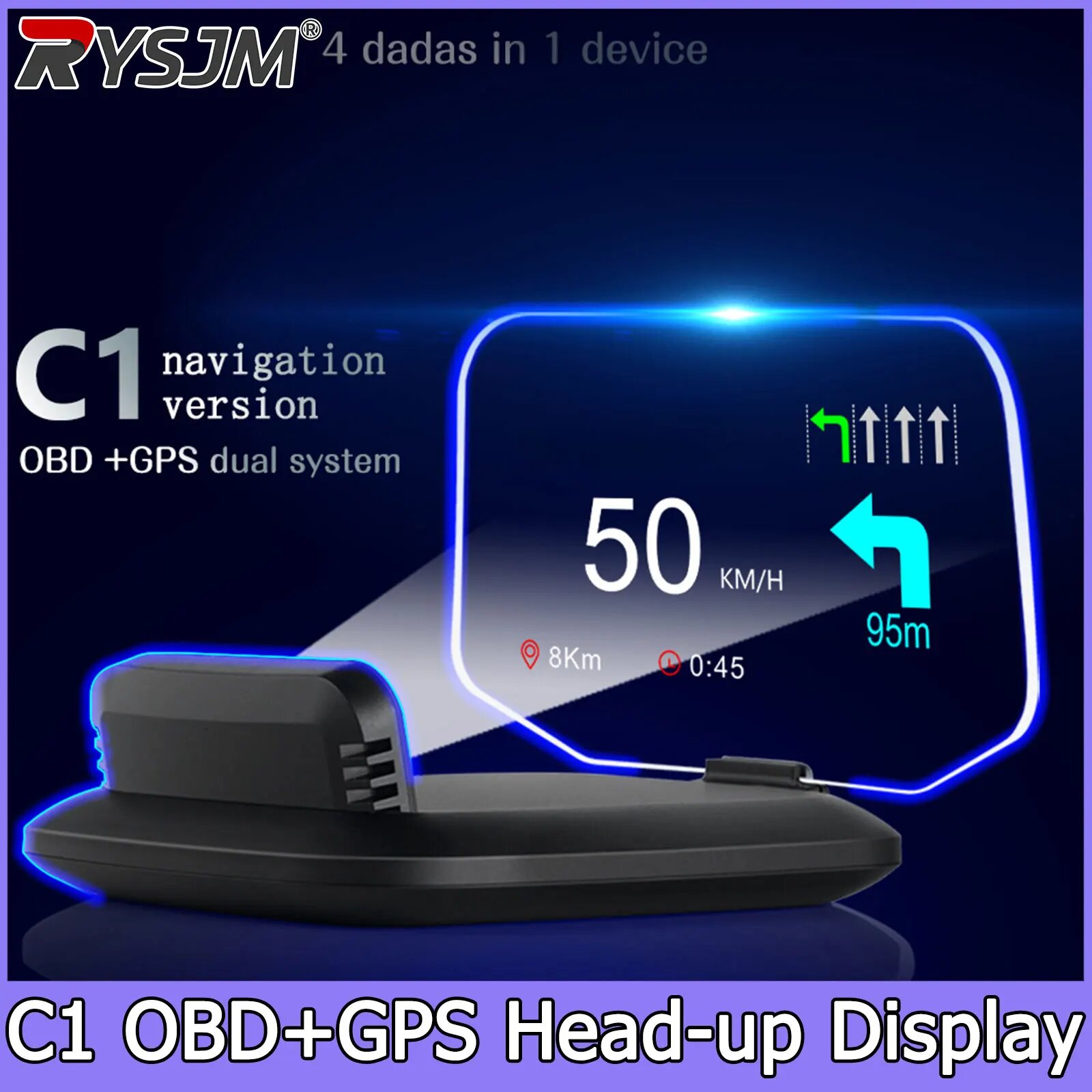 Проекционный HUD-дисплей C1 для автомобиля: OBD2+GPS, проектор на лобовое стекло, спидометр, температура воды, напряжение, об.