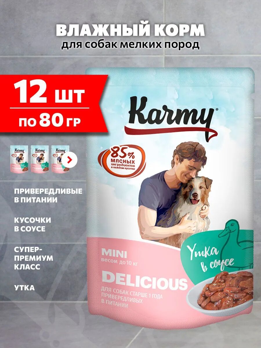 Корм влажный Karmy Delicious Mini для привередливых взрослых собак мелких пород, утка в соусе, 80 г х 12 шт