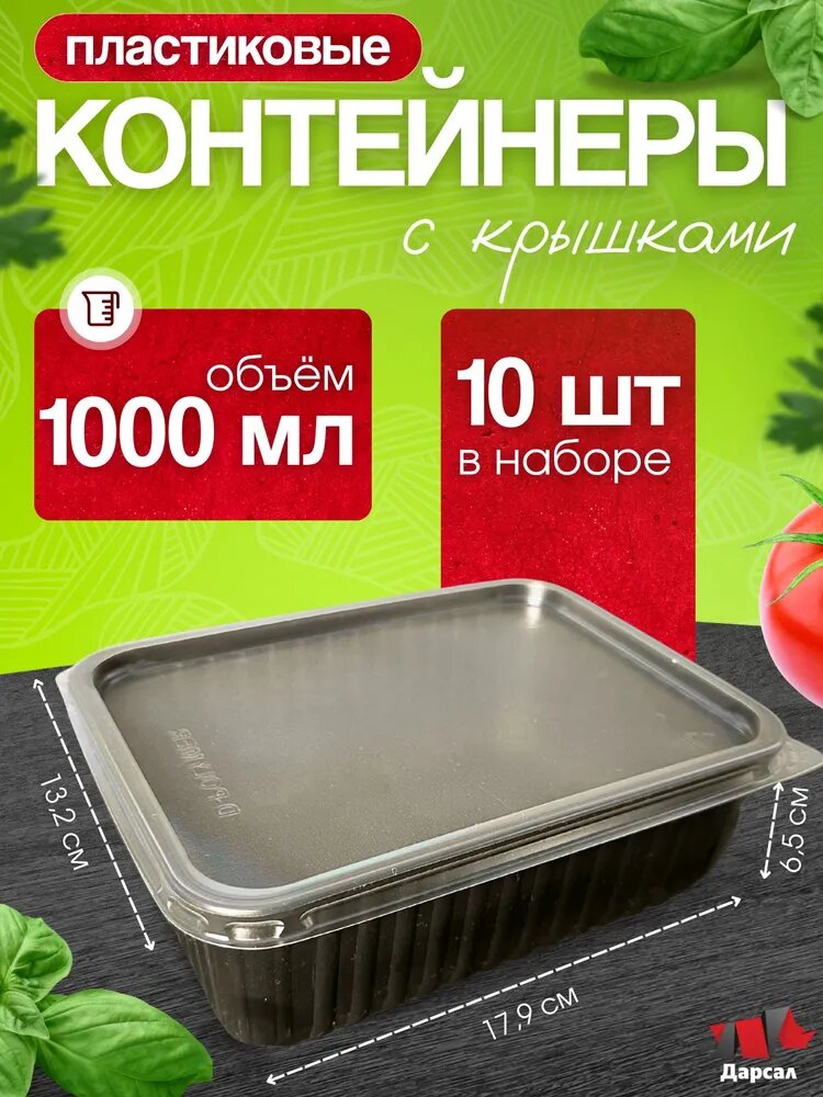 Контейнеры одноразовые черные с крышкой 1000 мл набор 10 шт, для еды, заморозки, доставки/ пластиковые