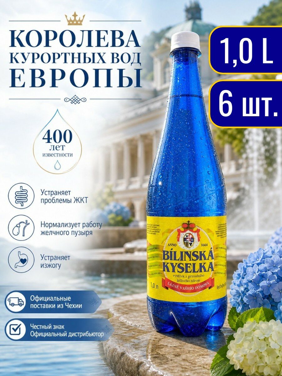 Минеральная вода "Bilinska Kyselka", лечебно-столовая, природная газация, 1л, 6шт.