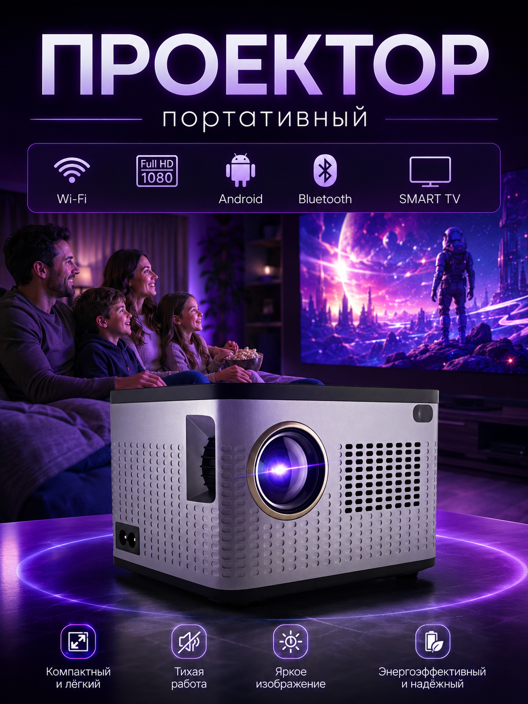 Проектор Full HD 1080p Android TV, Портативный Smart с Wi-Fi 5G, HDMI, Серый