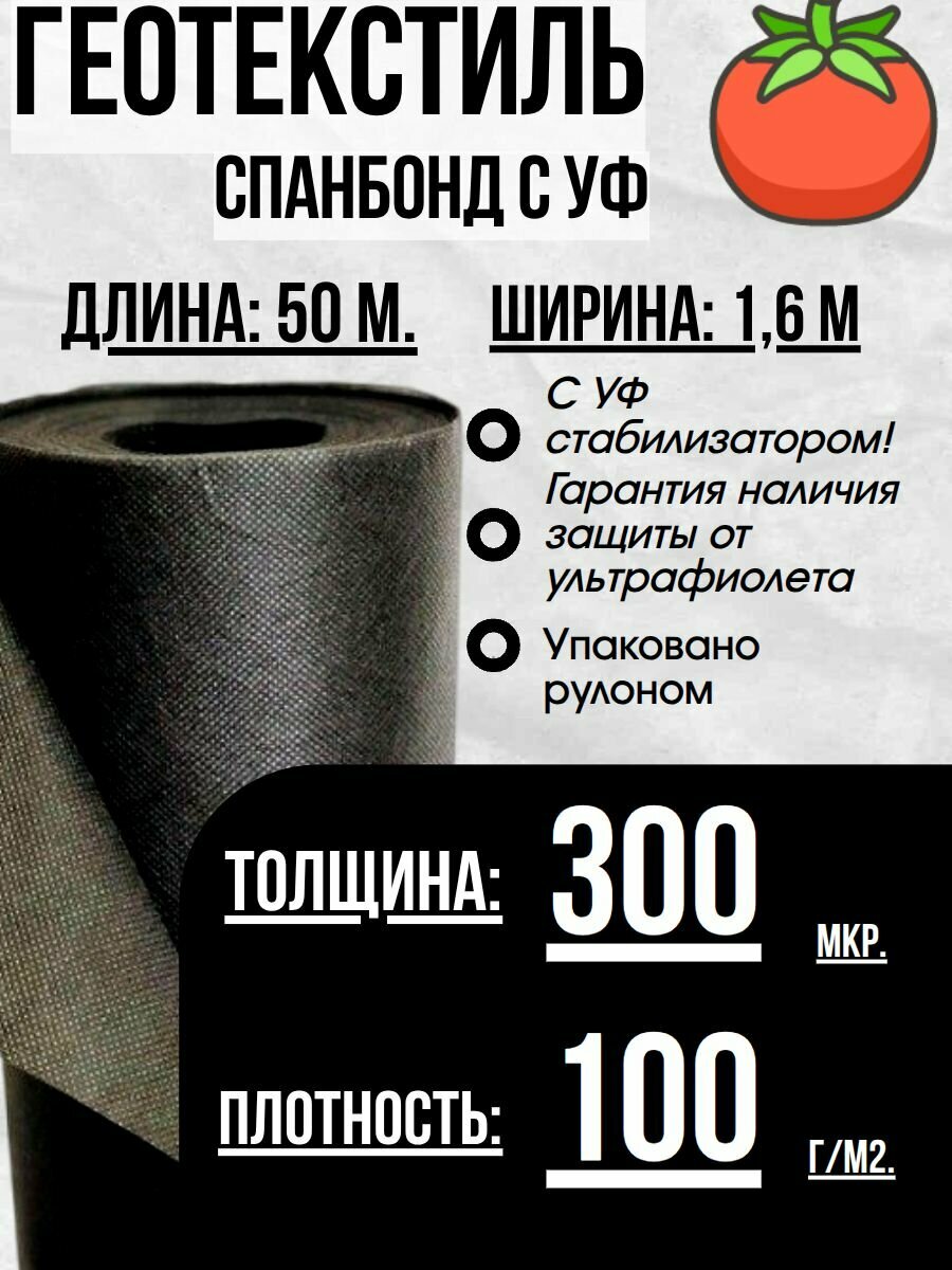 Геотекстиль SpunBox-НаПарник, черный, спанбонд, 300 г/м2, 1,6x50 м