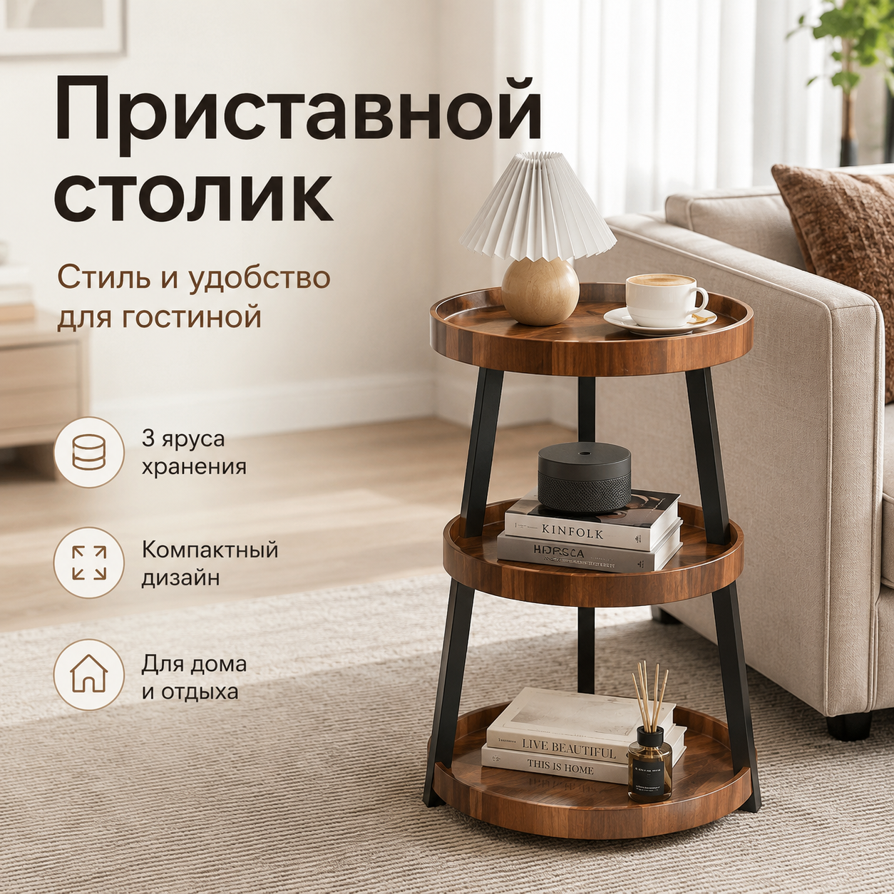 Журнальный столик "В списках", арт-деко, круглый, трехслойный