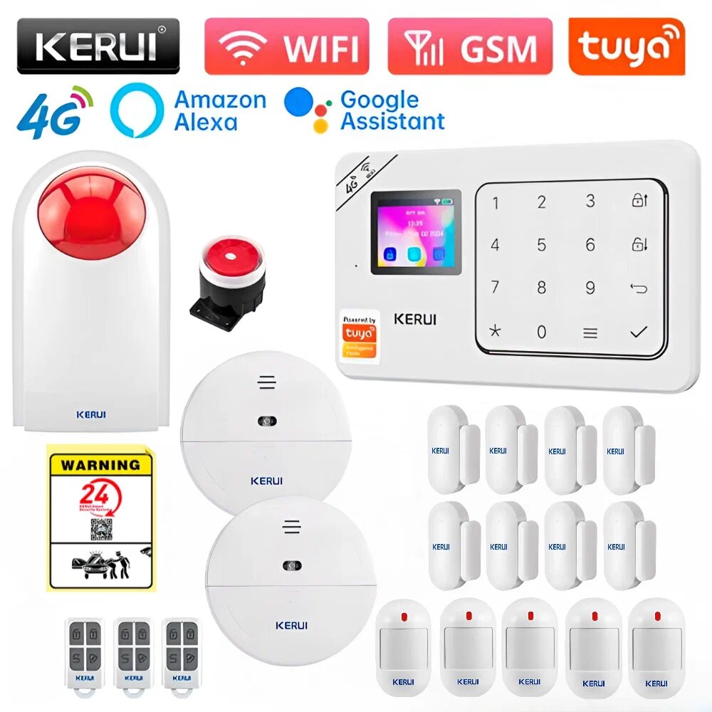 Охранная сигнализация KERUI W184 (дым, движение, открытие, сирены) Tuya Smart,4G+Wi-Fi, Гарантия 6 мес