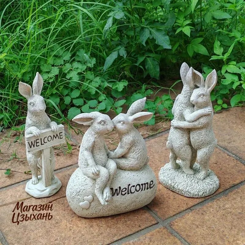 Фигурка садовая кролики с надписью Welcome, материал смола, размер 12.5*10*25 см
