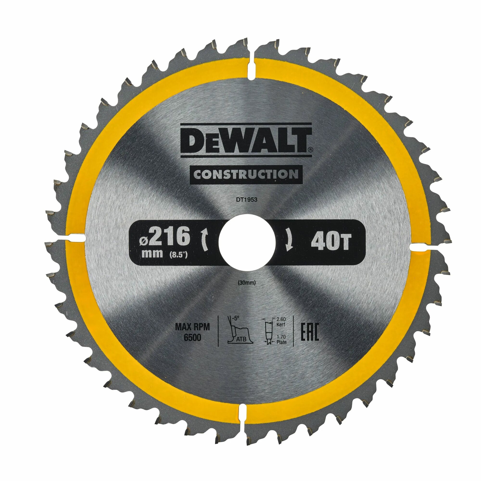 Пильный диск по дереву DEWALT CONSTRUCTION, 216х30 мм, 40T, DT1953