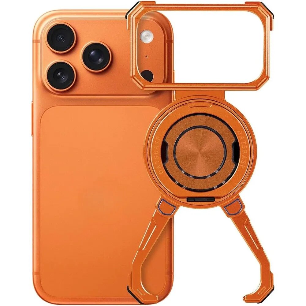 Чехол OATSBASF Magnetic Metal X Phone Case для iPhone 17 Pro Max с поворотной подставкой, безрамочный, тонкий, ударопрочный, оранжевый