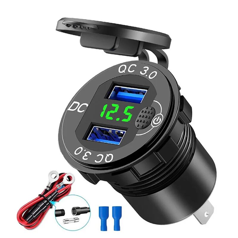Автомобильное USB зарядное QC3.0 с вольтметром, Green add wire