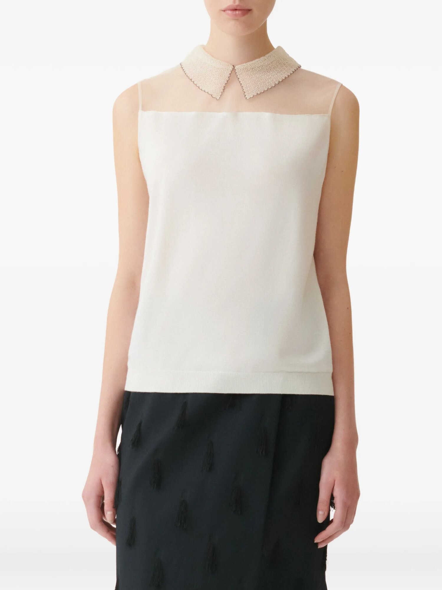 Блуза FABIANA FILIPPI Lace-collar mesh-yoke blouse, размер 40, бежевый/белый — фото 1