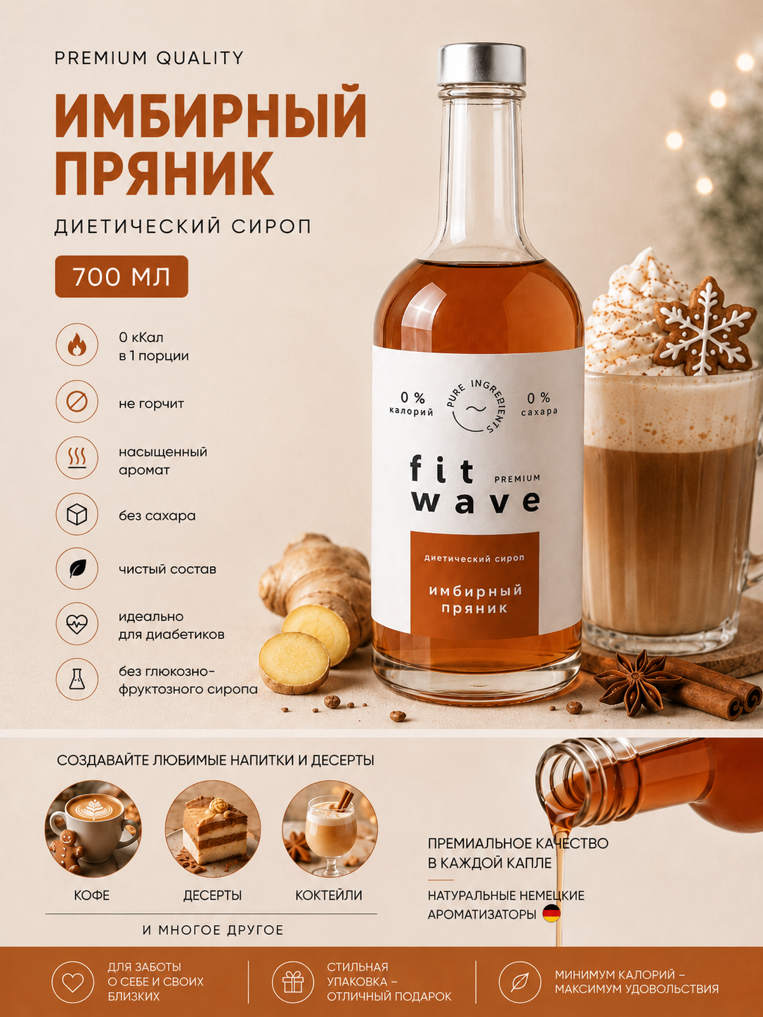 Сироп диетический без сахара низкокалорийный FitWave Имбирный пряник 700 мл. для кофе