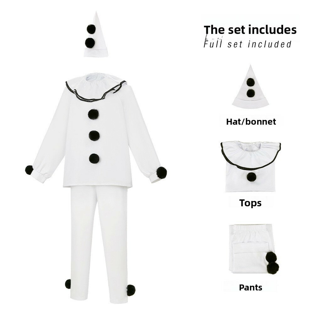 Horror pierrot clown cosplay costume with elegant design for theatre and cosplay enthusiasts