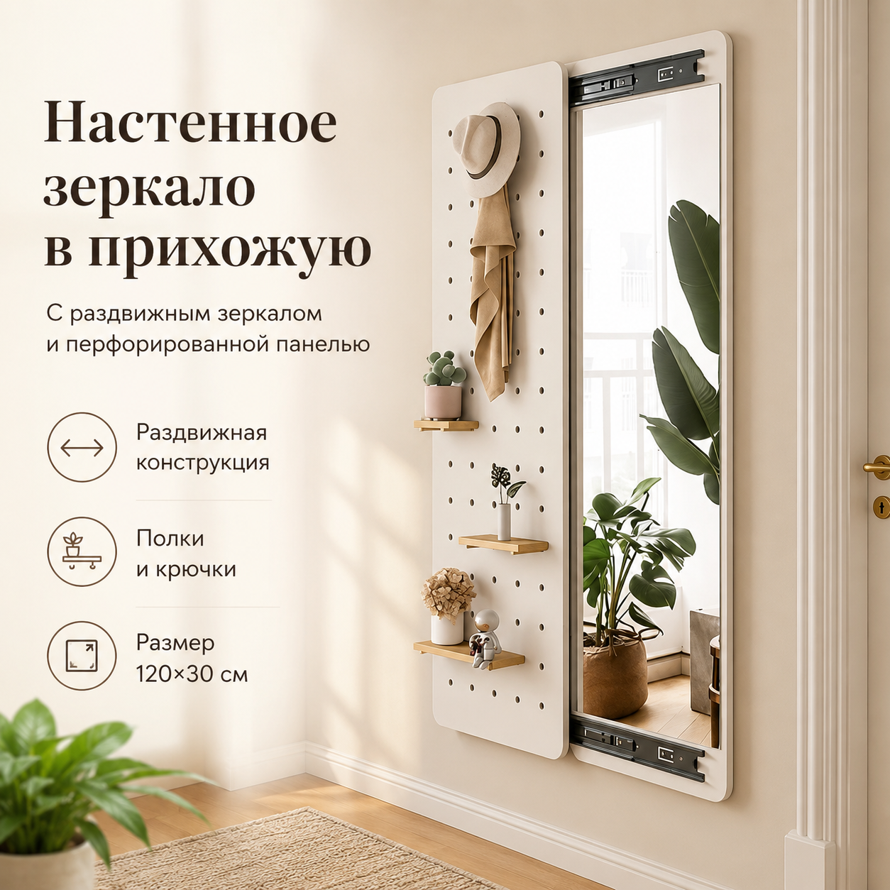 Зеркало в прихожую настенное, Сдвинуть, чтобы скрыть, с вешалкой