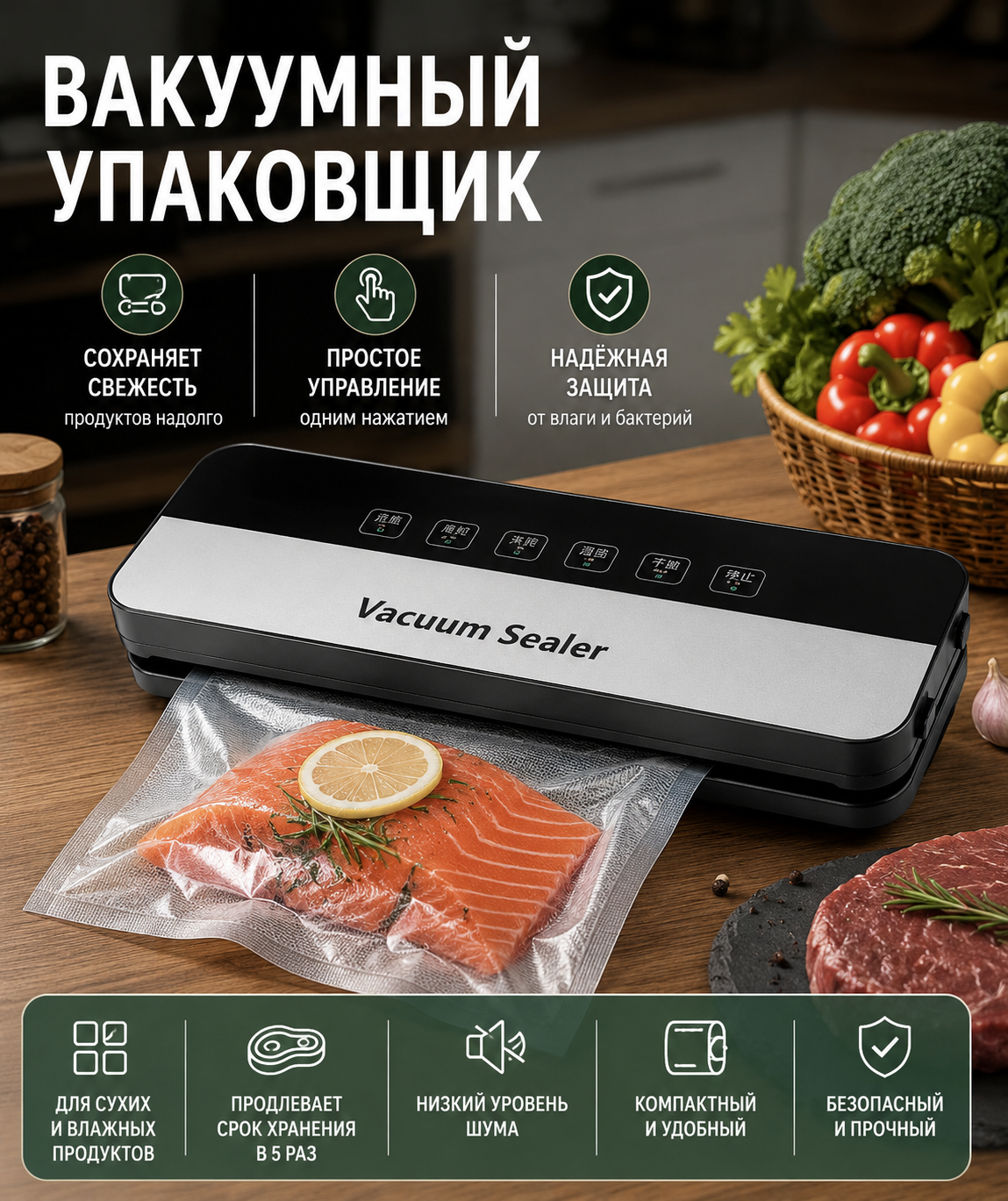 Вакууматор для продуктов, вакуумный упаковщик- + 30 штук текстурированных полиэтиленовых пакетов