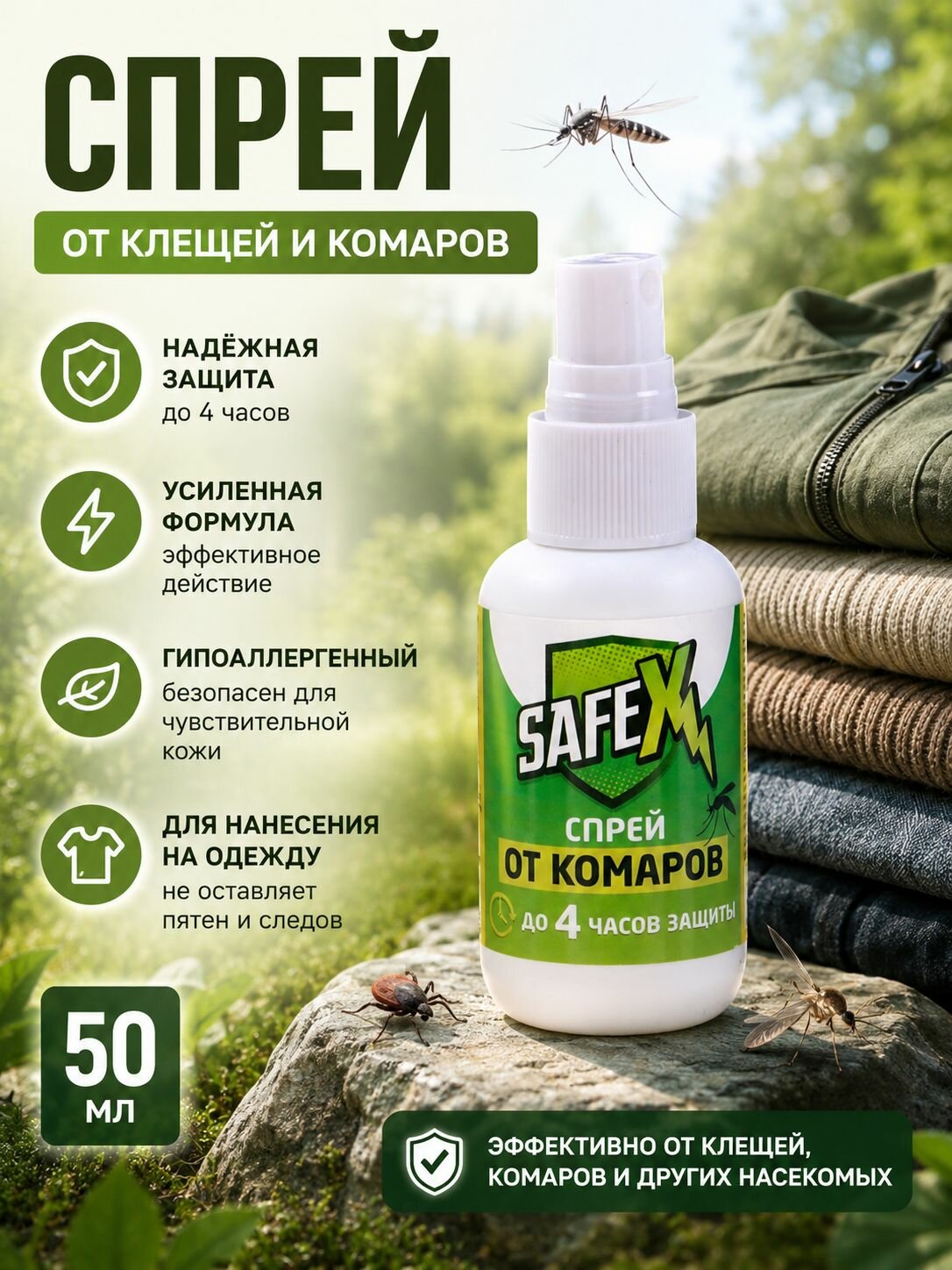 Спрей от клещей и комаров SAFE X, репеллент для одежды, защита от насекомых до 4 часов, 50 мл, средство для туризма и отдыха