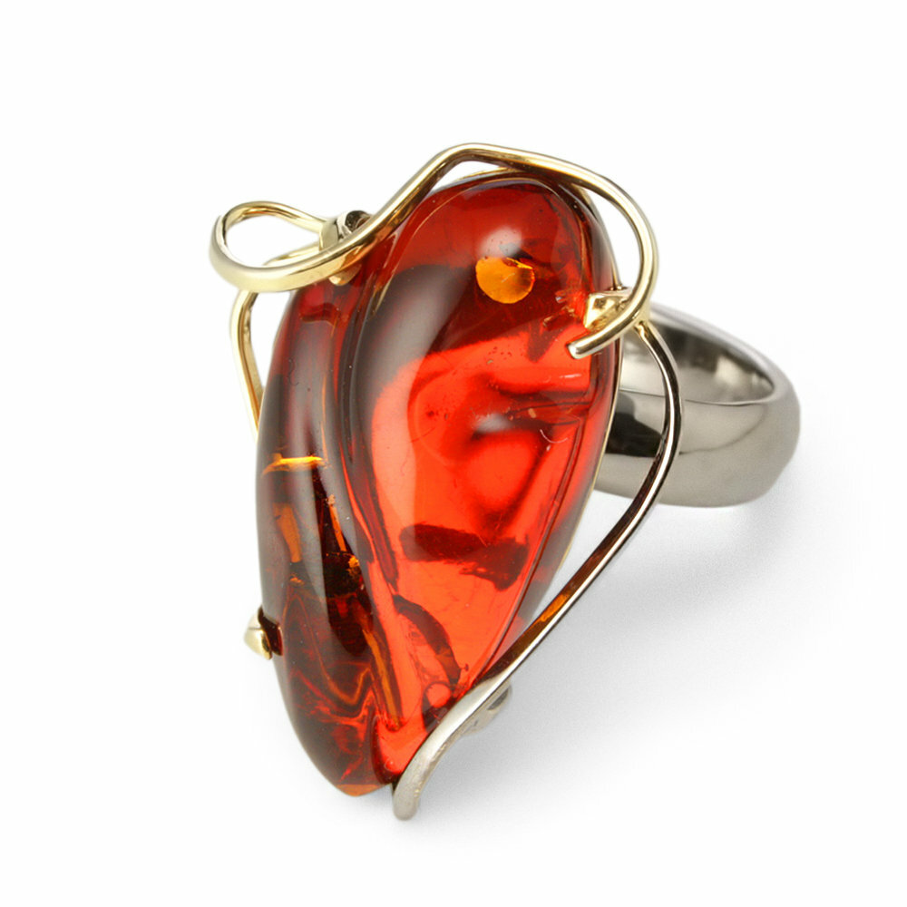 Кольцо, серебро, 925 проба, родирование, янтарь