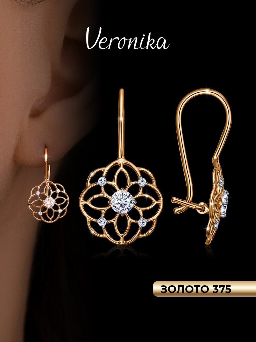 Серьги, красное золото, 375 проба, фианит