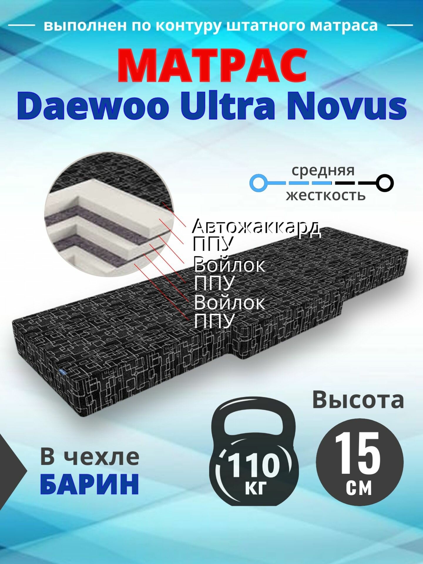 Матрас Daewoo Ultra Novus - 15 см, беспружинный, аналог штатника, матрас Дэу Ультра Новус в нижний спальник грузовика, 220x60 см