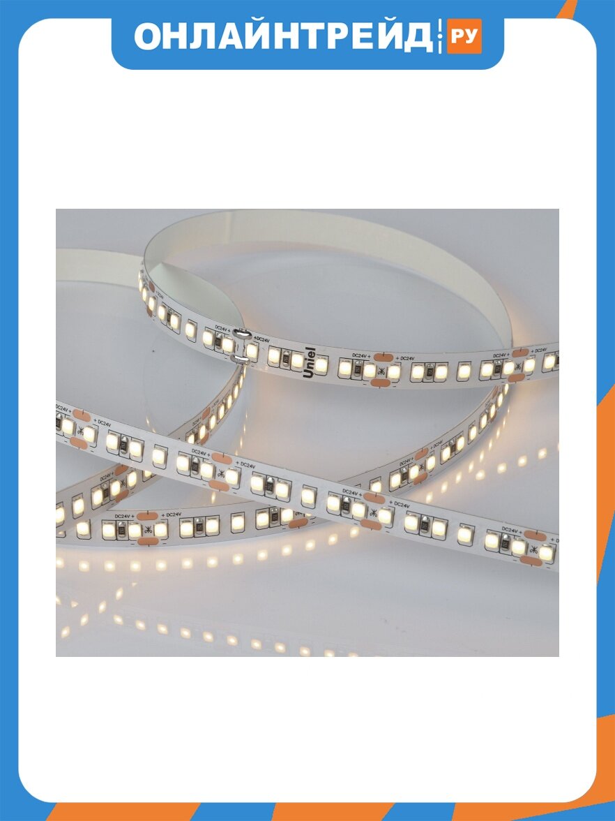 Светодиодная лента Uniel ULS-2835-168LED/m-10mm-IP20-DC24V-14W/m-5M-3000K Катушка 5 м. Белый свет (3000K). ТМ .