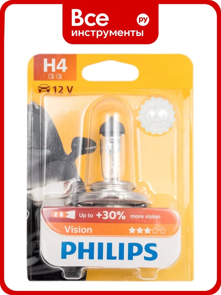 Автолампа PHILIPS H4, 60, 55 P43t-38+30% 12V 1,10 12342PRB1, 12 В, легко