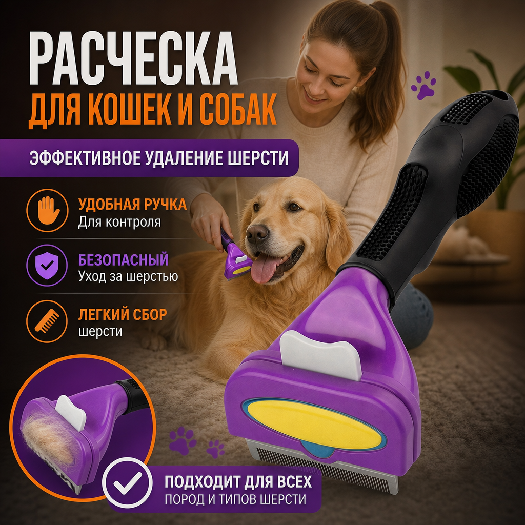 Фурминатор для вычесывания подшерстка кошек и собак, удаление подшерстка, распутывает колтуны