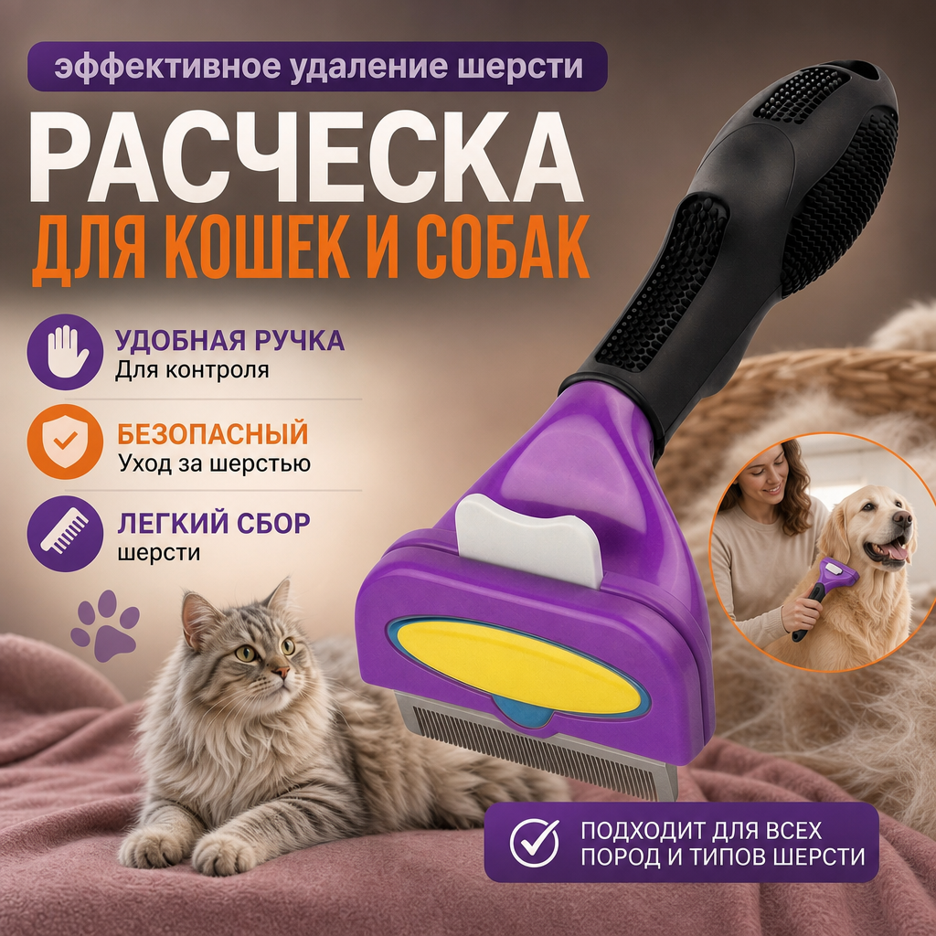 Фурминатор для вычесывания подшерстка питомцев, комфортный, удаление подшерстка, распутывает колтуны