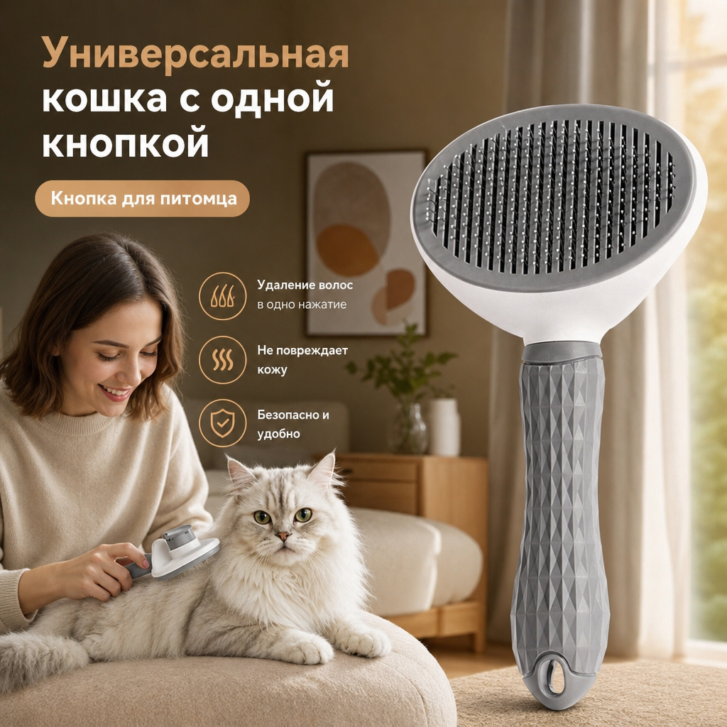 Профессиональная щетка для груминга кошек и собак, серый, нескользящий, легко чистить, самоочищающаяся